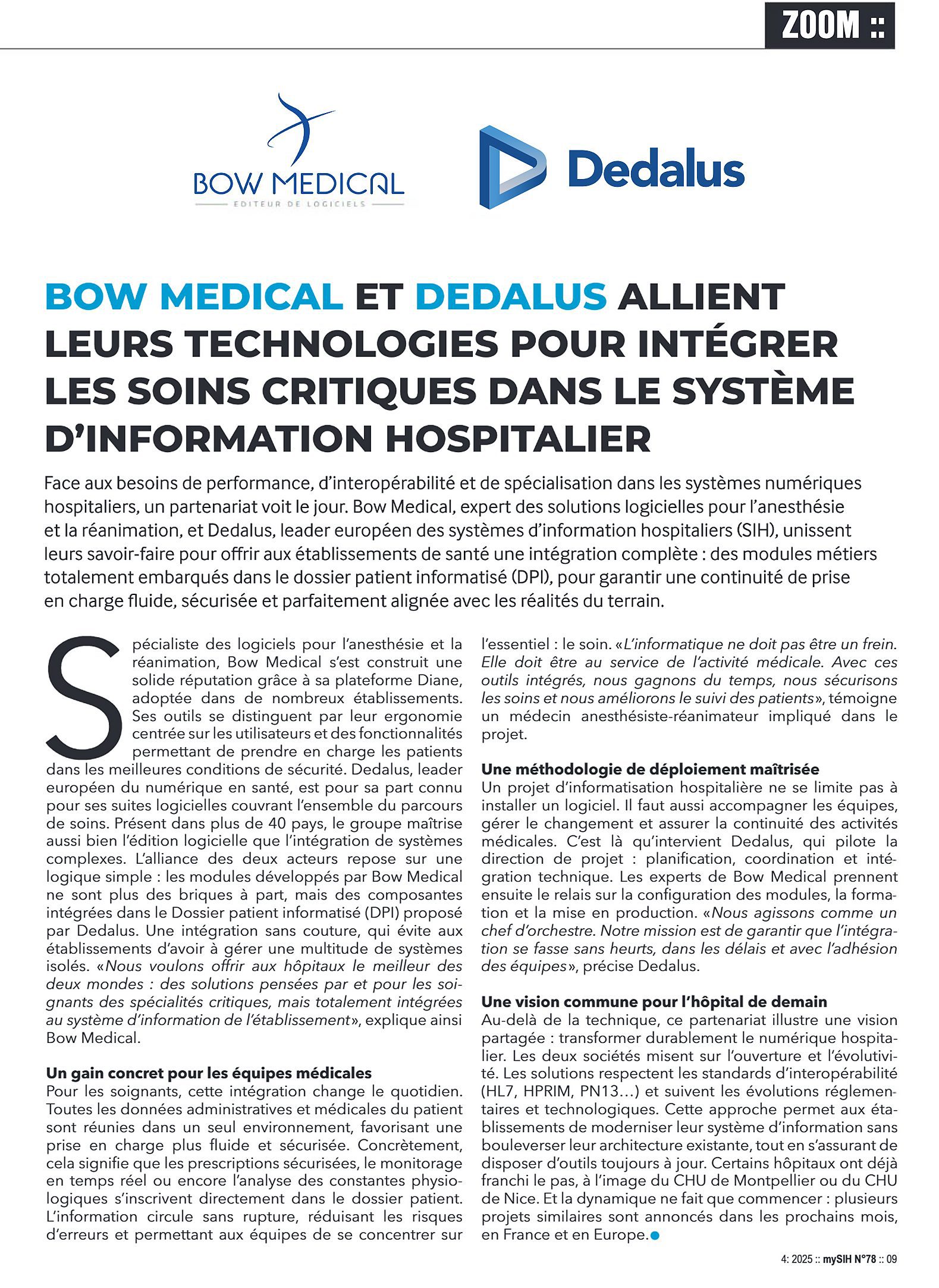 Partenariat Dedalus - Bow Medical : Améliorer et sécuriser les soins critiques - Dedalus France